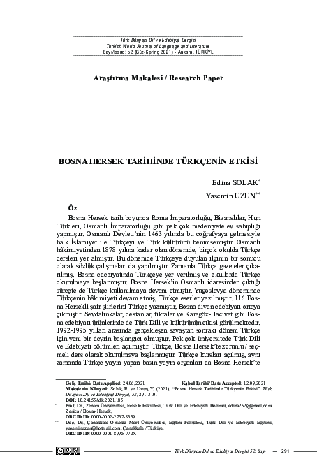 (PDF) Bosna Hersek Tarihinde Türkçenin Etkisi