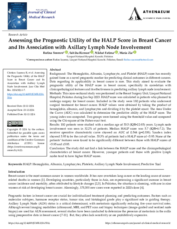 (PDF) Assessing the Prognostic Utility of the HALP Score in Breast Cancer