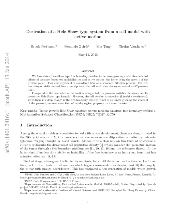 (PDF) Derivation of a Hele-Shaw type system from a cell model with ...