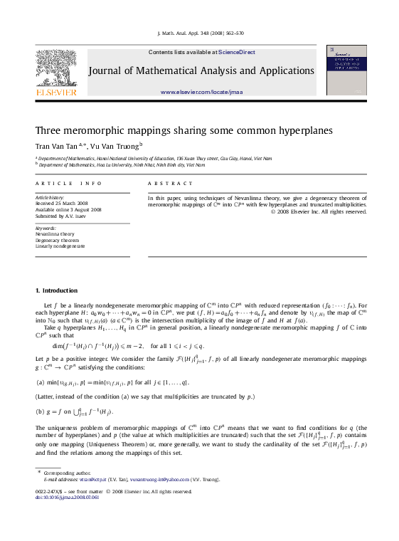 (PDF) Three meromorphic mappings sharing some common hyperplanes | Vu Van Truong - Academia.edu
