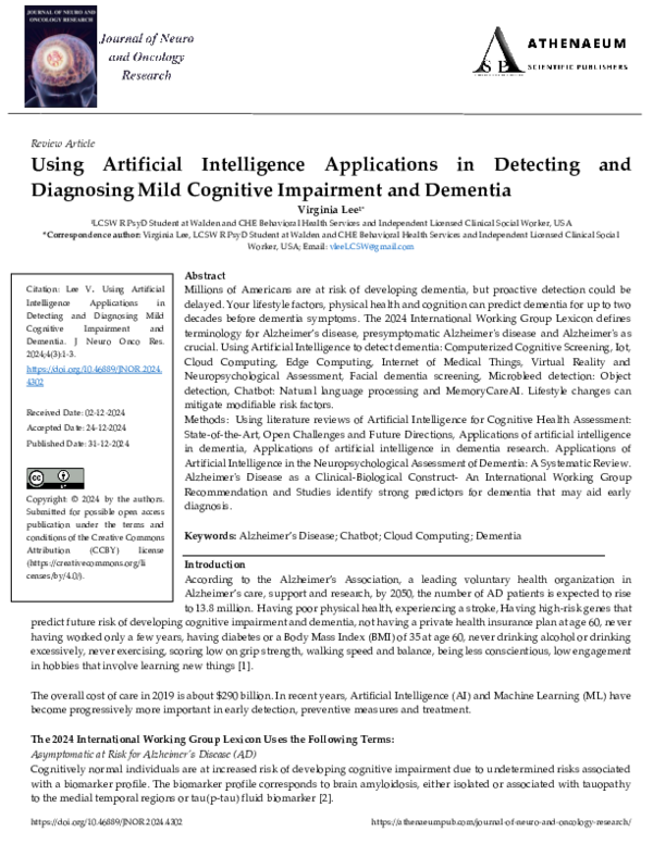 Pdf Using Artificial Intelligence Applications In Detecting And Diagnosing Mild Cognitive