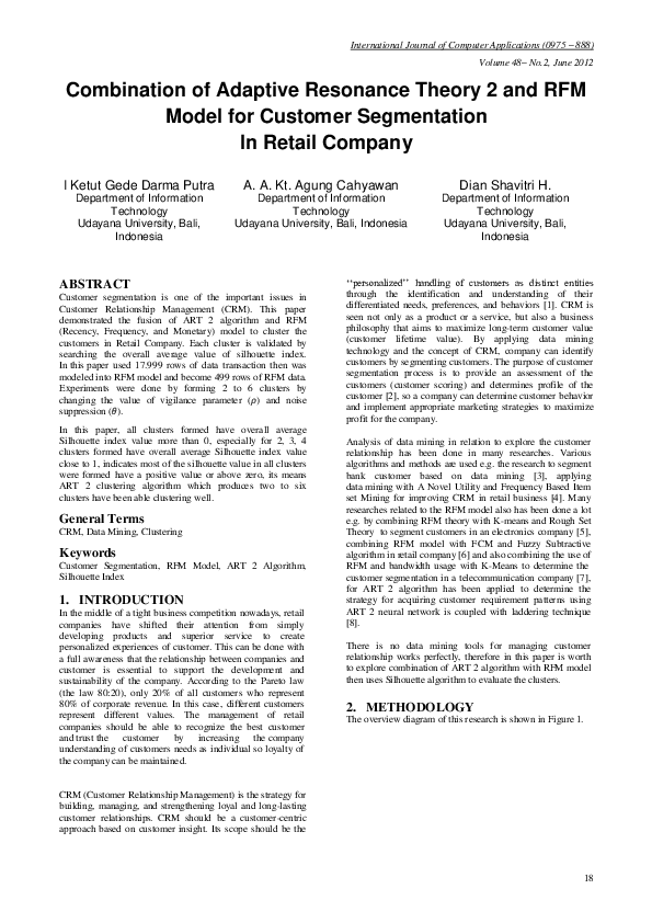 (PDF) Combination of Adaptive Resonance Theory 2 and RFM Model for Customer Segmentation in ...