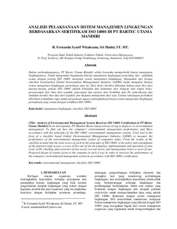 (PDF) Analisis Pelaksanaan Sistem Manajemen Lingkungan Berdasarkan Sertifikasi Iso 14001 DI PT ...
