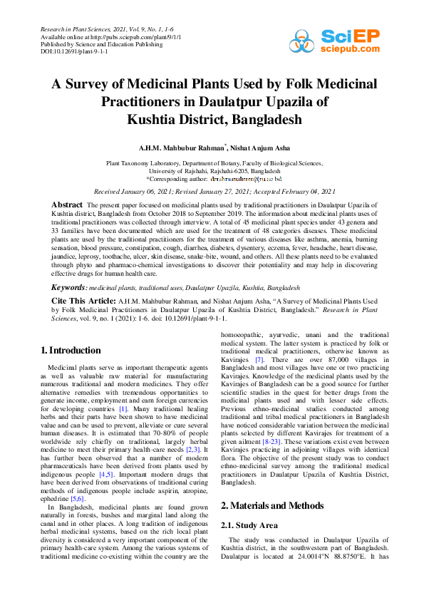 (PDF) A Survey of Medicinal Plants Used by Folk Medicinal Practitioners in Daulatpur Upazila of ...