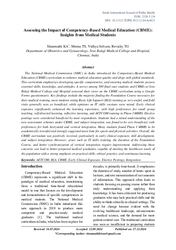 (PDF) Assessing the Impact of Competency-Based Medical Education (CBME): Insights from Medical ...
