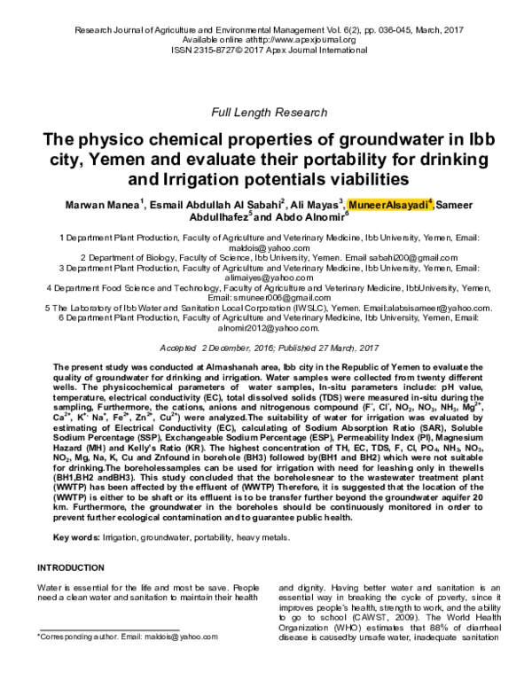 (PDF) The physico chemical properties of groundwater in Ibb city, Yemen ...
