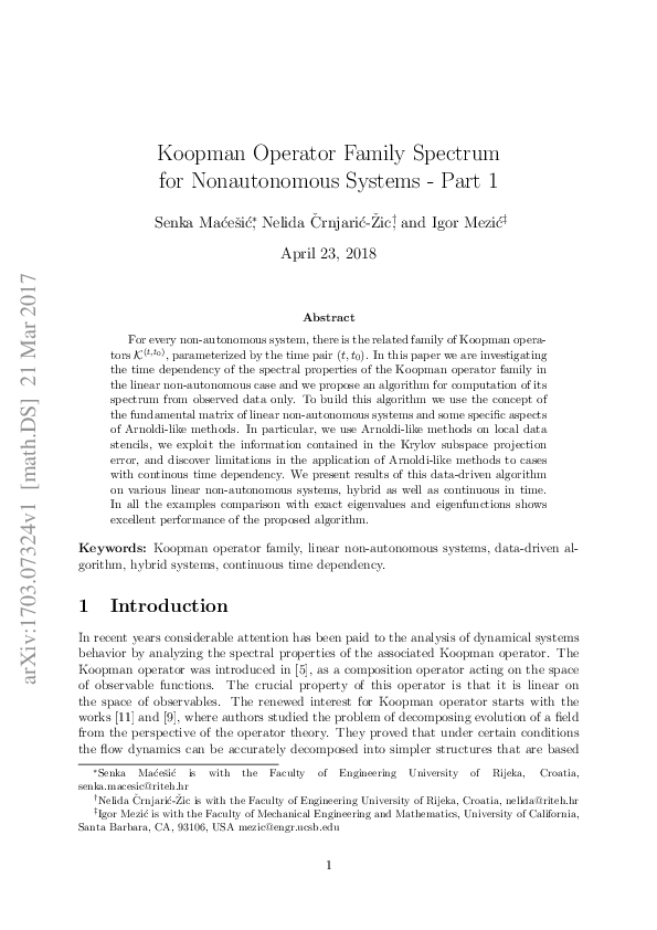 (PDF) Koopman Operator Family Spectrum for Nonautonomous Systems - Part 1