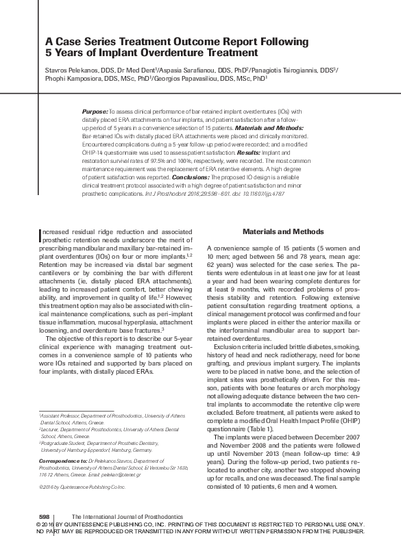 (PDF) A Case Series Treatment Outcome Report Following 5 Years of Implant Overdenture Treatment