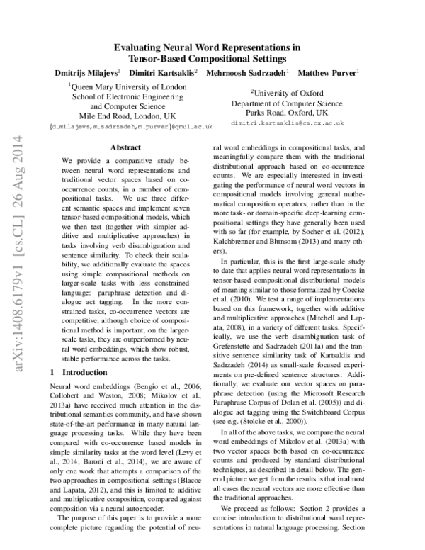 Pdf Evaluating Neural Word Representations In Tensor Based Compositional Settings