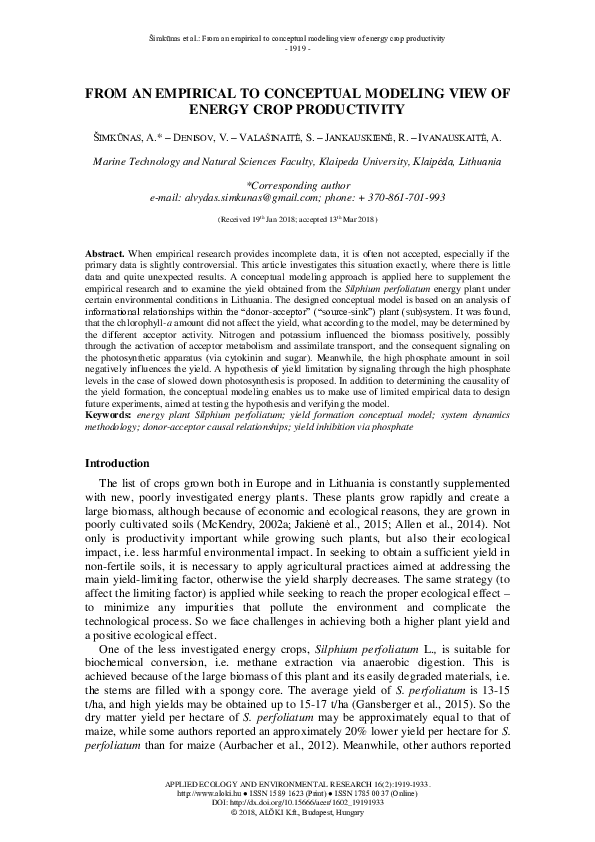 (PDF) From an Empirical to Conceptual Modeling View of Energy Crop Productivity | Alvydas ...