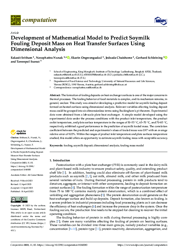 (PDF) Development of Mathematical Model to Predict Soymilk Fouling Deposit Mass on Heat Transfer ...