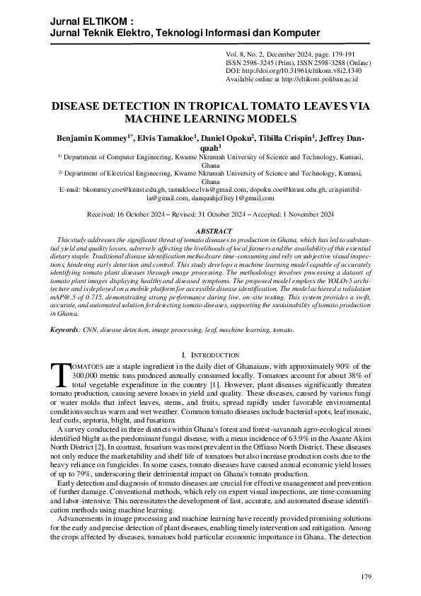 (PDF) Tomato disease detection using machine learning models