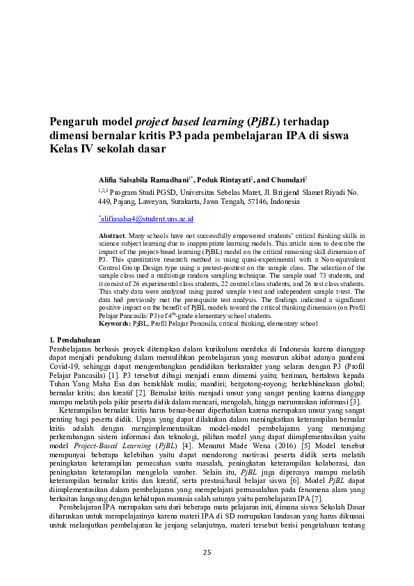 (PDF) Pengaruh model project based learning (PjBL) terhadap dimensi bernalar kritis P3 pada ...