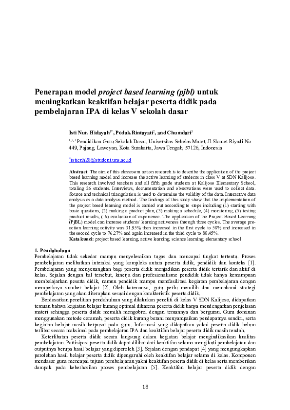 (PDF) Penerapan model project based learning (pjbl) untuk meningkatkan keaktifan belajar peserta ...