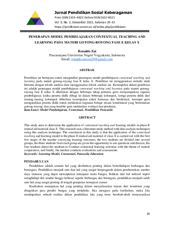 (PDF) Penerapan Model Pembelajaran Contextual Teaching and Learning Pada Materi Gotong-Royong ...