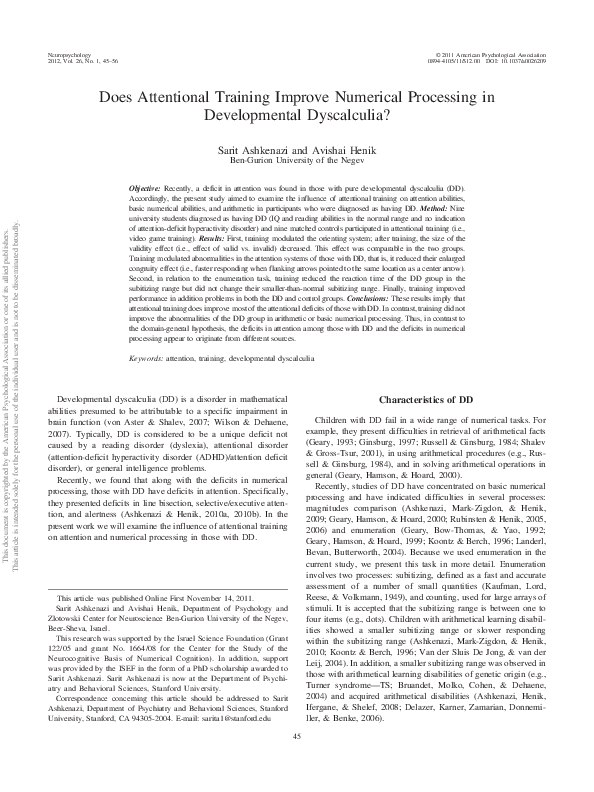 (PDF) Does attentional training improve numerical processing in developmental dyscalculia?