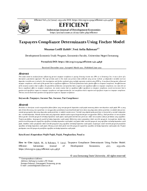 (PDF) Taxpayers Compliance Determinants Using Fischer Model
