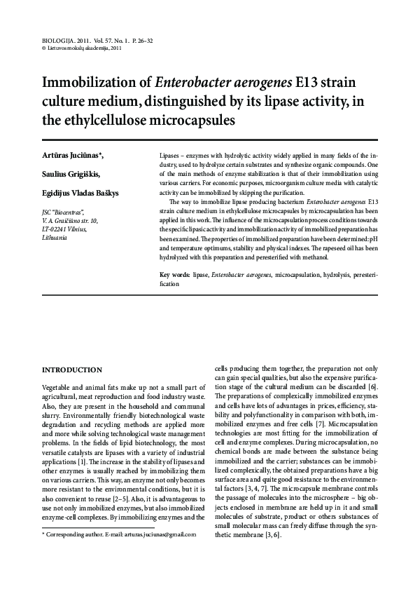 (PDF) Immobilization of Enterobacter aerogenes E13 strain culture medium, distinguished by its ...