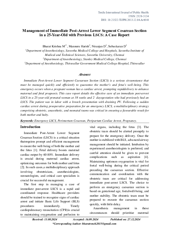 Pdf Management Of Immediate Post Arrest Lower Segment Cesarean Section In A 25 Year Old With