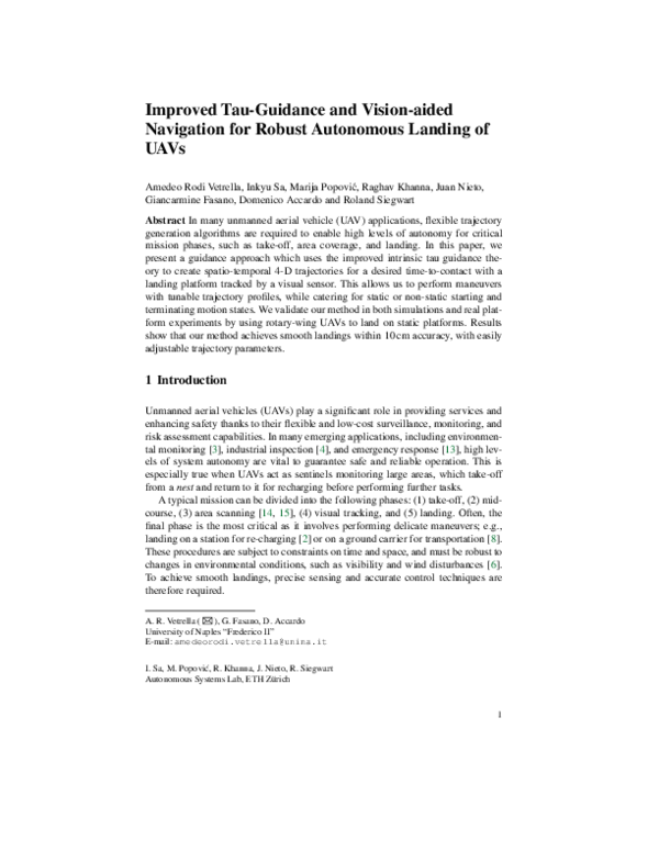 (PDF) Improved Tau-Guidance and Vision-Aided Navigation for Robust Autonomous Landing of UAVs