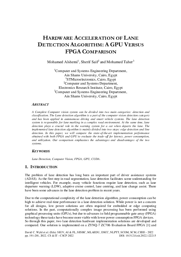 (PDF) Hardware Acceleration of Lane Detection Algorithm: A GPU Versus FPGA Comparison