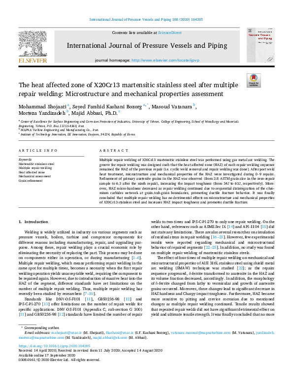 (PDF) The heat affected zone of X20Cr13 martensitic stainless steel ...