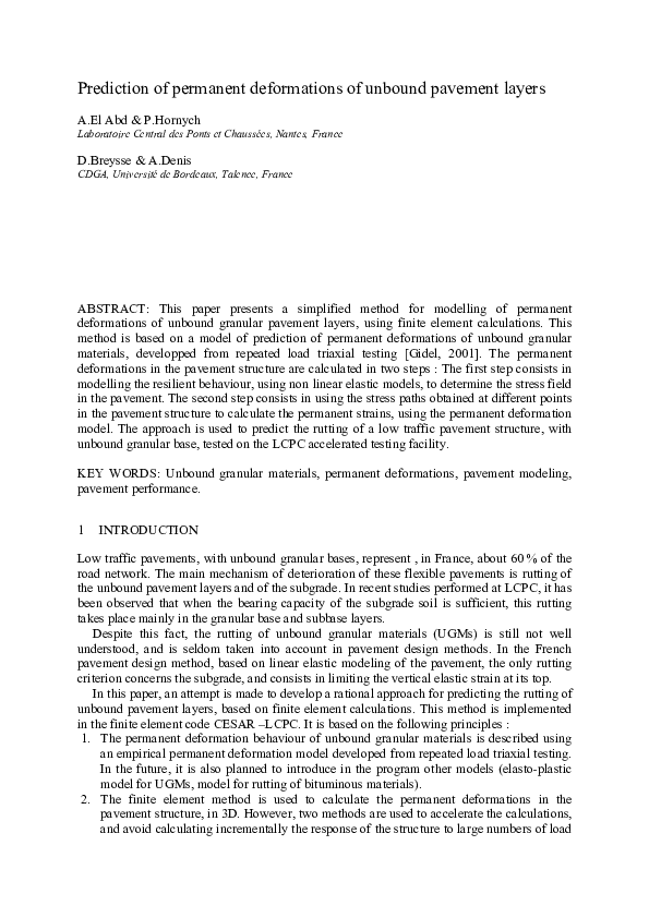 (PDF) Prediction of permanent deformations of unbound pavement layers