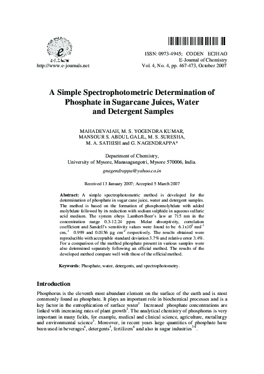 (PDF) A Simple Spectrophotometric Determination of Phosphate in Sugarcane Juices, Water and ...