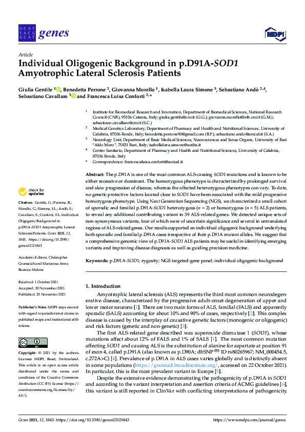 (PDF) Individual Oligogenic Background in p.D91A-SOD1 Amyotrophic ...