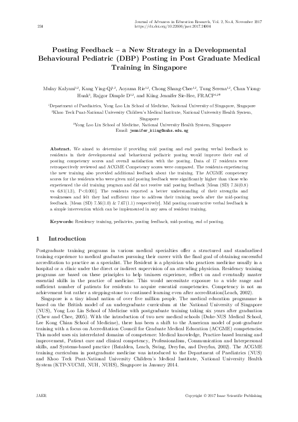 (PDF) Posting Feedback – a New Strategy in a Developmental Behavioural ...