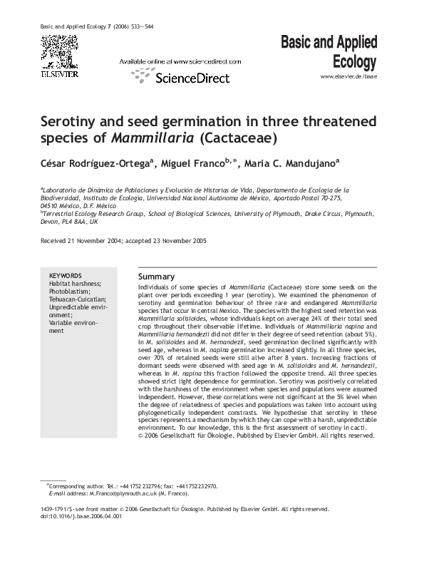 (PDF) Serotiny and seed germination in three threatened species of ...