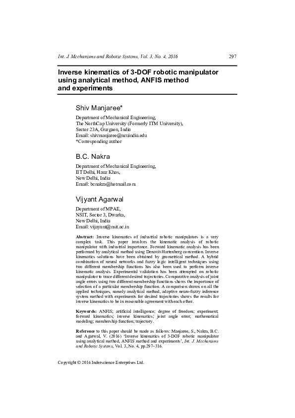 (PDF) Inverse kinematics of 3-DOF robotic manipulator using analytical method, ANFIS method and ...