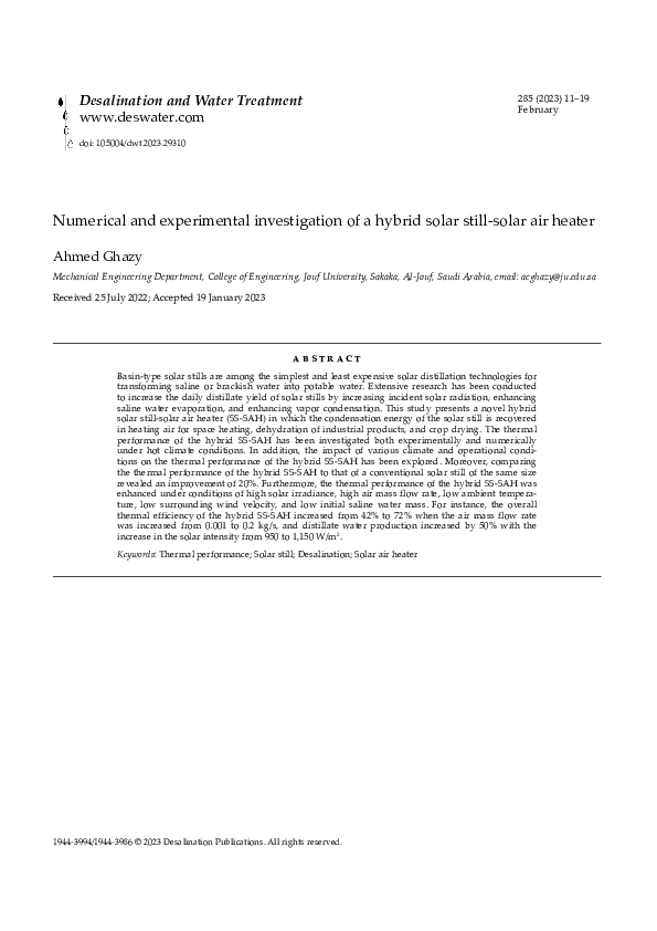 (PDF) Numerical and experimental investigation of a hybrid solar still ...