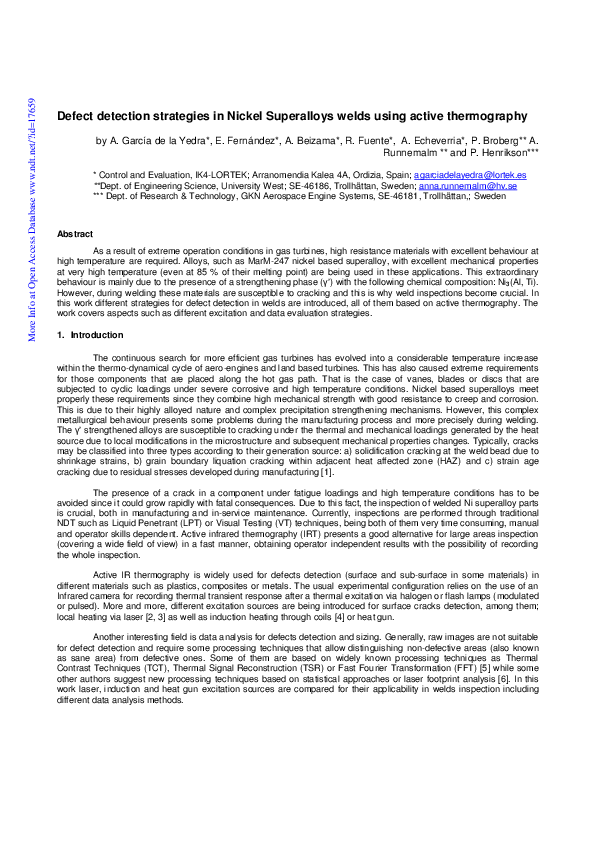 Pdf Defect Detection Strategies In Nickel Superalloys Welds Using Active Thermography