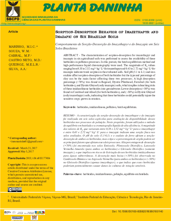 (PDF) Sorption-Desorption Behavior of Imazethapyr and Imazapic on Six ...