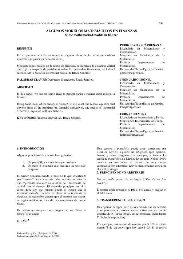 (PDF) ALGUNOS MODELOS MATEMÁTICOS EN FINANZAS Some mathematical models ...