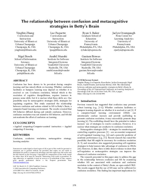 (PDF) The relationship between confusion and metacognitive strategies in Betty's Brain