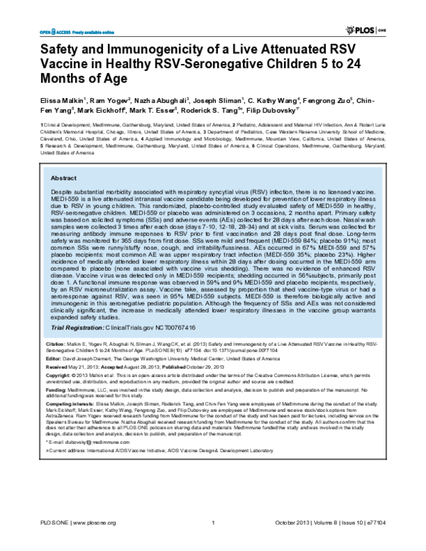 (PDF) Safety and Immunogenicity of a Live Attenuated RSV Vaccine in ...