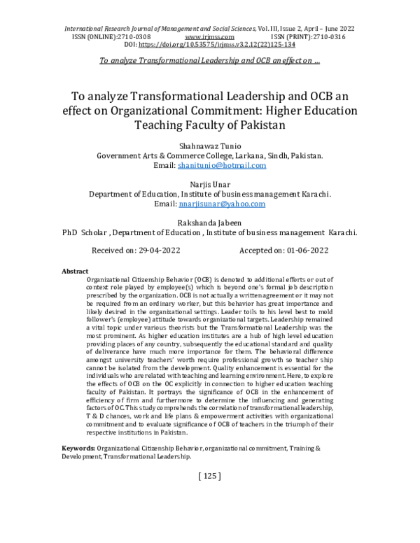 (PDF) To analyze Transformational Leadership and OCB an effect on Organizational Commitment ...
