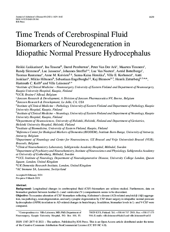 (PDF) Time Trends of Cerebrospinal Fluid Biomarkers of Neurodegeneration in Idiopathic Normal ...