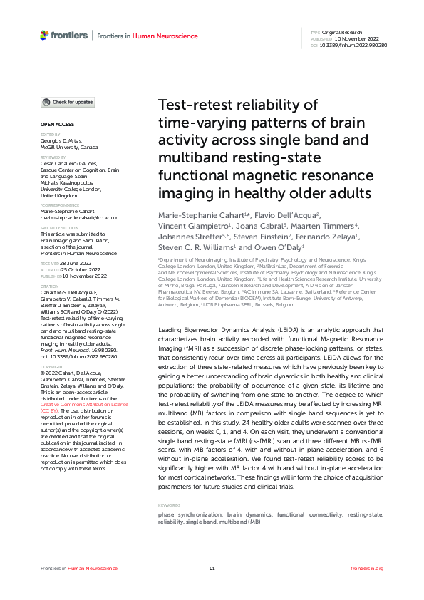 Pdf Test Retest Reliability Of Time Varying Patterns Of Brain Activity Across Single Band And