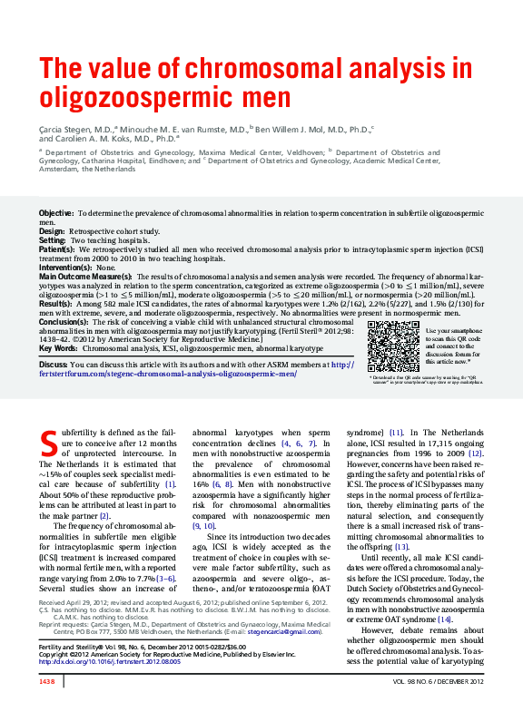 (PDF) The value of chromosomal analysis in oligozoospermic men ...