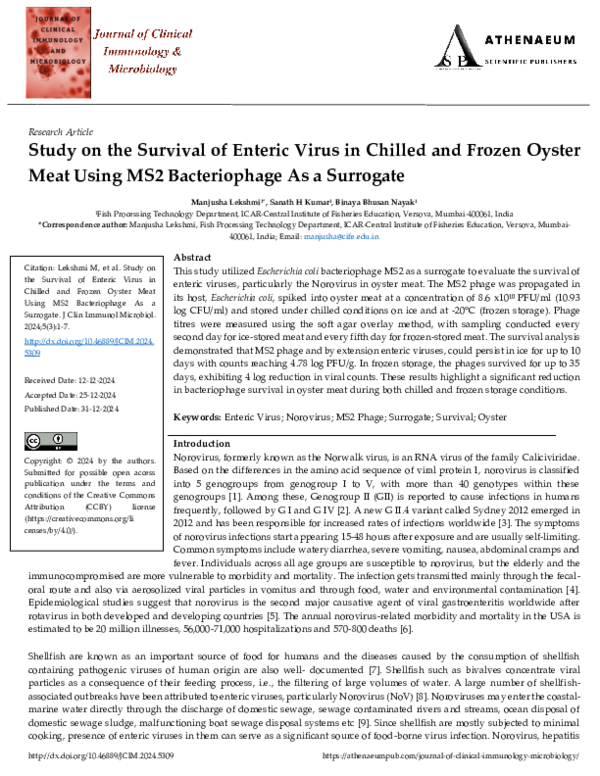 (PDF) Study on the Survival of Enteric Virus in Chilled and Frozen ...