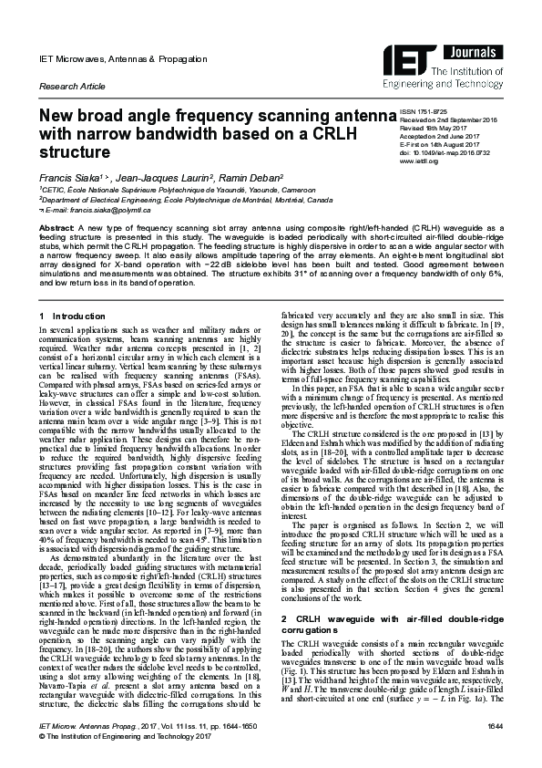 (PDF) New broad angle frequency scanning antenna with narrow bandwidth ...