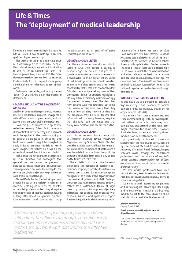 (PDF) The ‘deployment’ of medical leadership