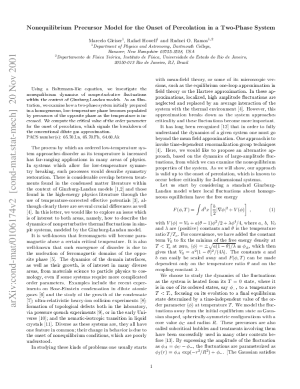 (PDF) Nonequilibrium precursor model for the onset of percolation in a ...