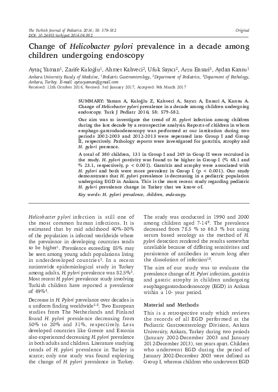 (PDF) Change of Helicobacter pylori prevalence in a decade among children undergoing endoscopy ...