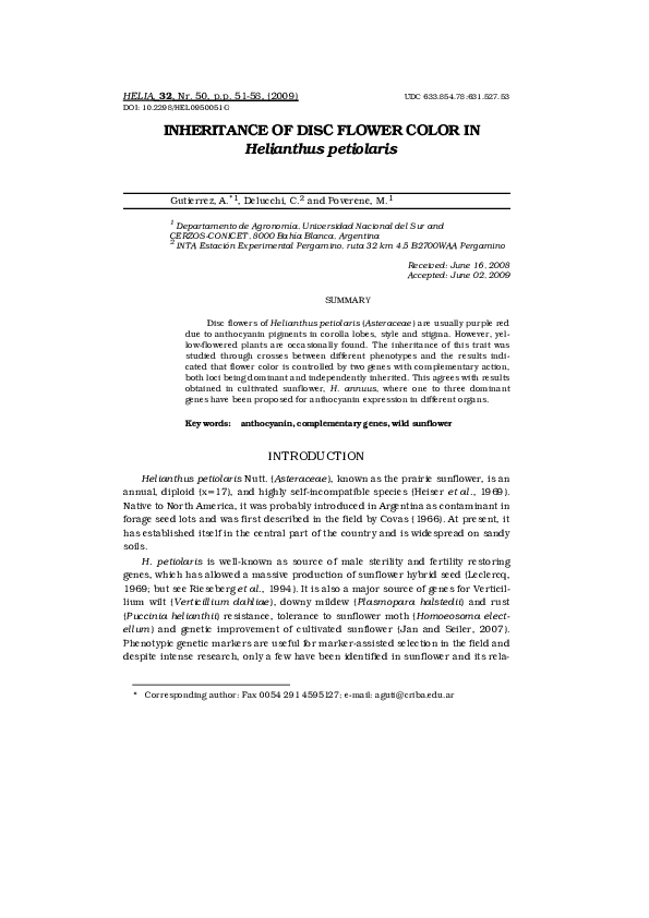 (PDF) Inheritance of disc flower color in Helianthus petiolaris | Carla ...