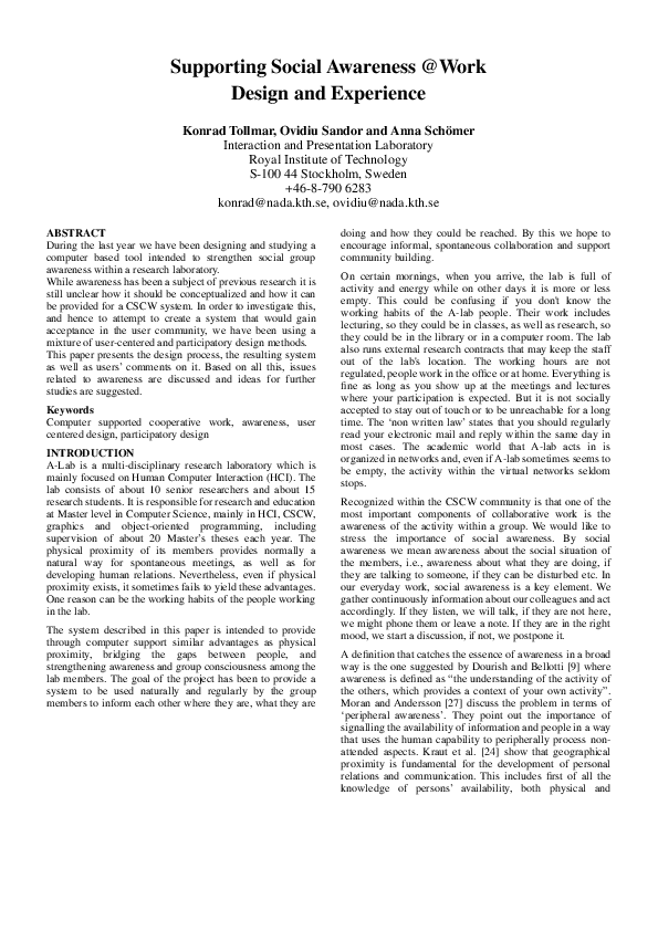 (PDF) Supporting social awareness @ work design and experience