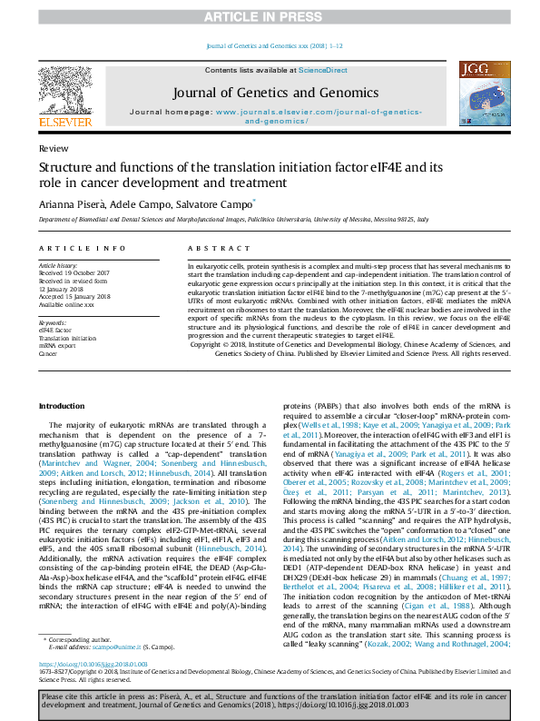 (PDF) Structure and functions of the translation initiation factor ...